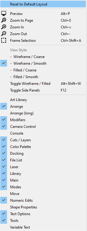 Window Menu Overview in LightBurn